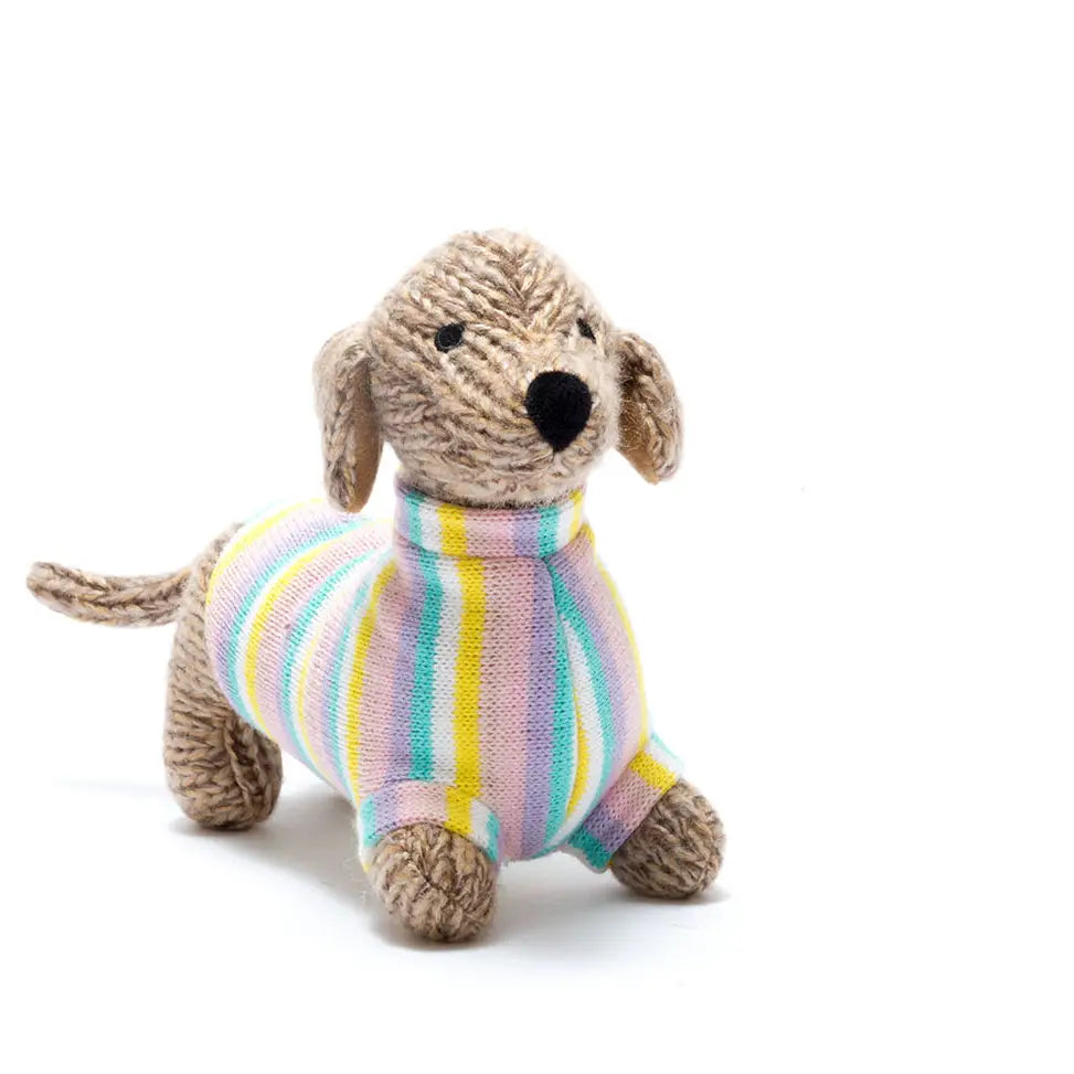 Knitted Sausage Dog Plush Toy with Pastel Jumper With Love Vikki x